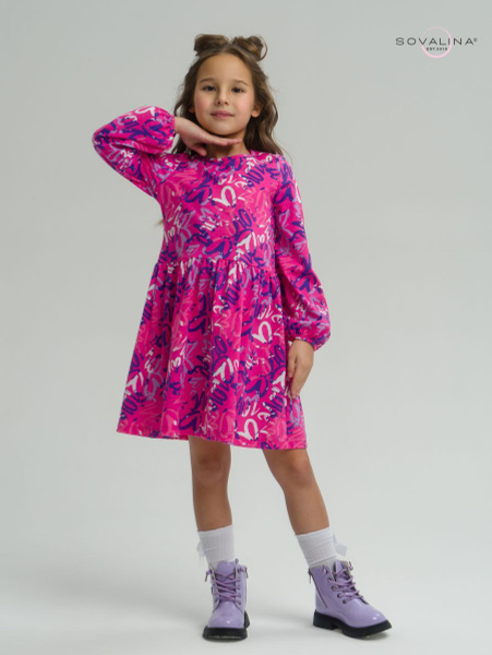 Платье Девочки SOVAlina фуксия прямое Повседневный Длинный Трикотаж ...