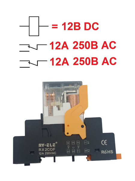 Промежуточное реле RX2CO-D12LT 12В 2 контакта 12А, с колодкой купить на ...