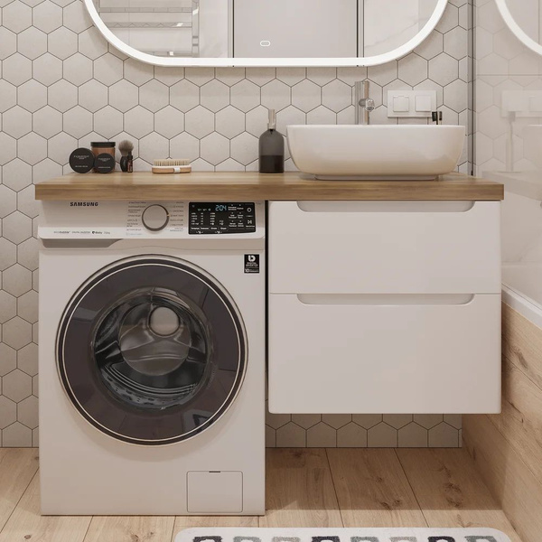 Тумба под раковину со столешницей STWORKI Берген 122 белая, столешница светлая, без отверстий ...