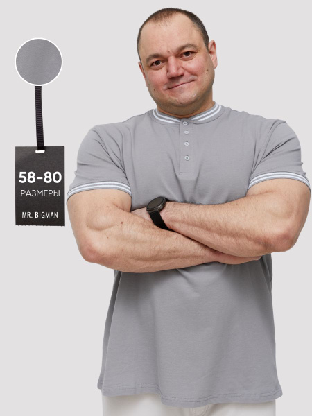 Поло Мужской MR. BIGMAN серый Короткий, размер 62 Хлопок Однотонный прямой Повседневный ...