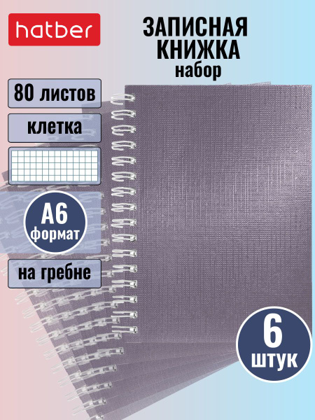 Записная книжка Hatber 6 штук 80 листов А6 формата клетка, обложка бумвинил на гребне METALLIC ...