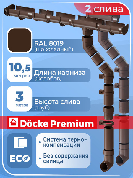 Водосток Docke Premium RAL 8019 (длина 10.5 м / высота 3 м) водосточная система для крыши ПВХ ...
