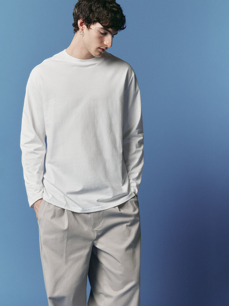 Лонгслив Мужской Befree белый Длинный, размер 46 Хлопок свободный Однотонный Повседневный, рост ...