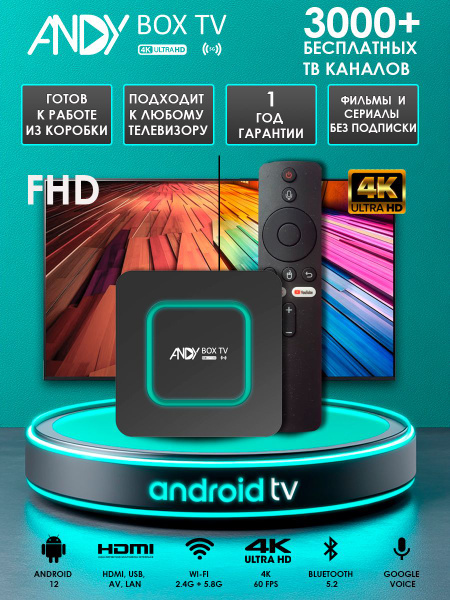 Медиаплеер AndyBoxTv ATV28, AV, HDMI, RCA, RJ-45 Ethernet, USB, черный ...