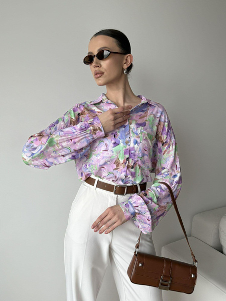 Рубашка Женский HELLO MODA! лавандовый, салатовый Длинный Хлопок Абстракция, Разноцветный ...