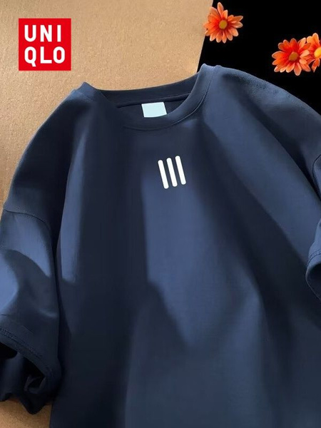 Футболка Мужской Uniqlo суровый темно-синий Короткий, размер 48 Хлопок Однотонный оверсайз ...