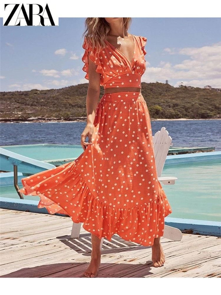 Комплект одежды Женский Zara Повседневный двойка оранжевый, размер 46 Хлопок Однотонный, рост ...