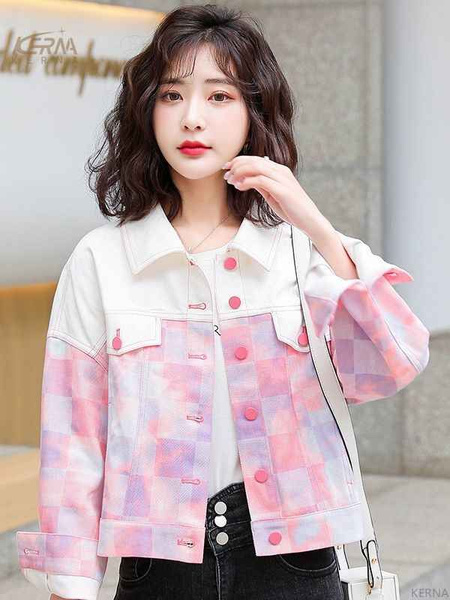 Куртка джинсовая Женский KERNA красно-розовый меланж лацканы Деним, размер 46, 48 Средний ...