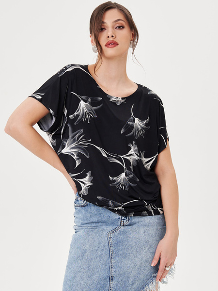 Футболка Женский SAHAR art lab черный, белый Без рукавов, размер 50, 52 Вискоза Цветочный ...