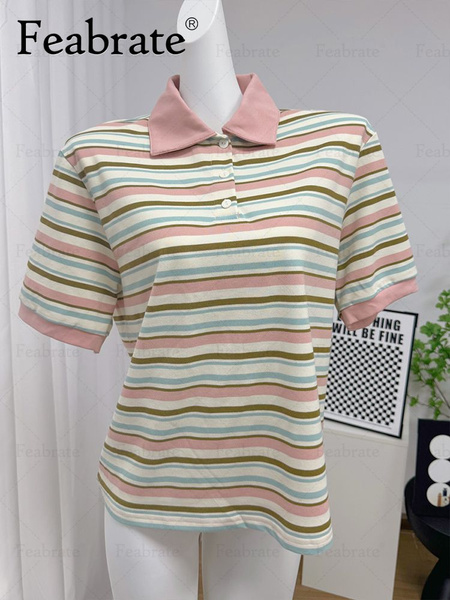 Поло Женский Feabrate розовая гвоздика Короткий, размер 46 Хлопок, Спандекс Полоска свободный ...