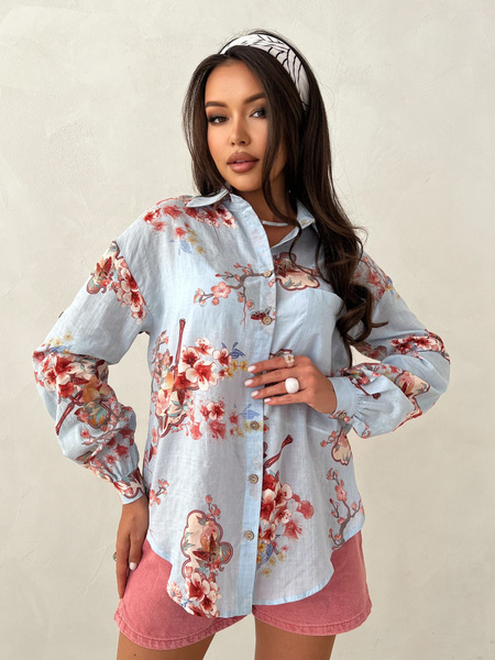 Рубашка Женский HELLO MODA! голубой, персиковый Длинный Хлопок Абстракция, Разноцветный, размер ...