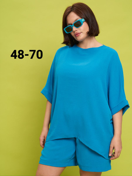 Блузка Женский SPARADA синий Жатка Три четверти Однотонный, размер 64, 66 оверсайз Без застежки ...