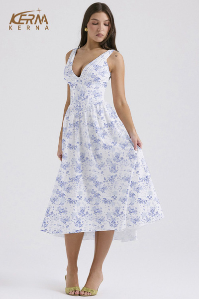 Платье Женский KERNA бело-синий в складку Повседневный Короткий Полиэфирное волокно Рюши, размер ...