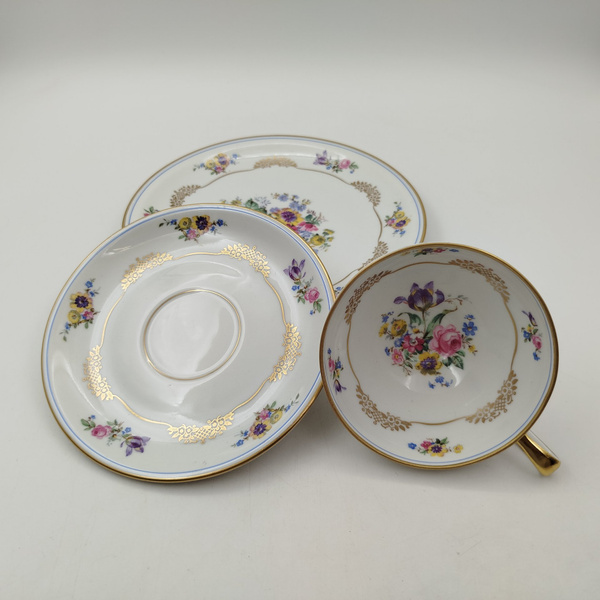 Чайное трио с цветочным декором, фарфор деколь золочение, Reichenbach Райхенбах, 1969-1981 гг ...