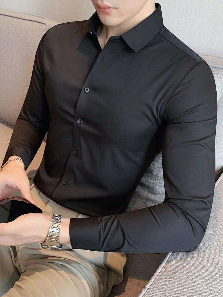 Рубашка Мужской черный Длинный Хлопок Стрейч коттон Однотонный размер 52 приталенный Пуговицы