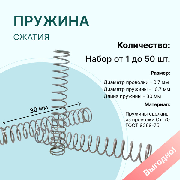 Пружина сжатия: длина L-30 мм; ширина D-10,7 мм; диаметр проволоки d-0 ...