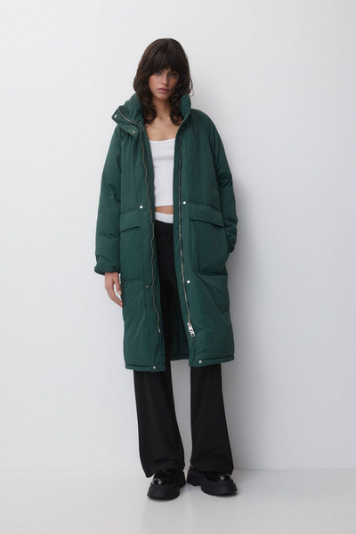 Пальто Pull&Bear, На любой сезон, размер 44, цвет зеленый, Полиамид - купить по выгодной цене в ...