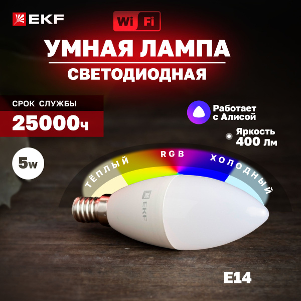 Светодиодная Умная лампочка EKF E14 Свеча 400 Лм 6500 К - купить в ...