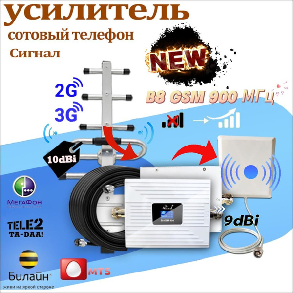 Комплект усилителя сигнала сотовой связи и Интернета с 2 антеннами ...