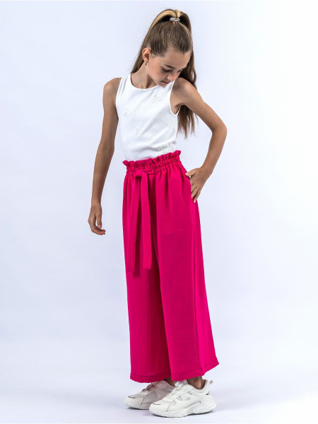 Брюки Девочки Valini палаццо, кюлоты фуксия Хлопок, Вискоза Повседневный, размер 158 Резинка ...