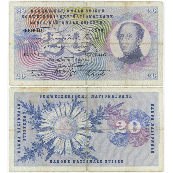 Банкнота Швейцария 20 франков ZWANZIG FRANKEN 1965 (VG) Pick 46 купить ...