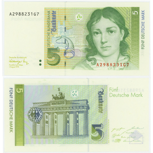 Банкнота Германия 5 марок FUNF DEUTSHE MARK 1991 (aUNC) Pick 37/ коллекционные деньги купить на ...