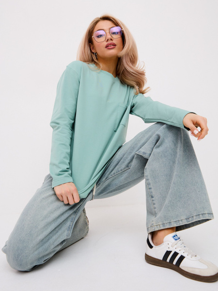 Лонгслив Женский Avese зеленый Длинный, размер 56 Хлопок, Футер двухнитка Карманы Туризм ...