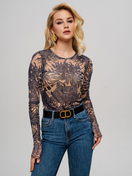 Лонгслив Женский SAHAR art lab бежевый, коричневый Длинный, размер 42, 44 Сетка Туризм прямой ...