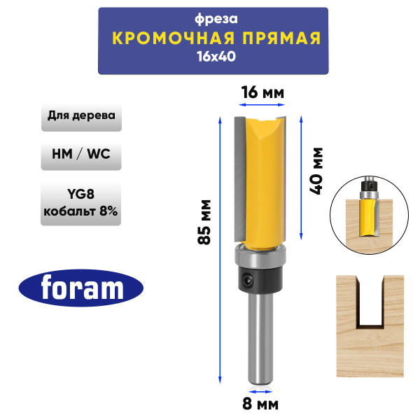 Фреза кромочная прямая (обгонная) с верхним подшипником 16х40 купить на ...