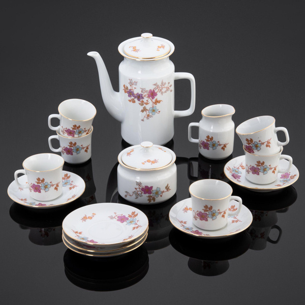 Кофейный сервиз на 6 персон с цветочным декором, фарфор, деколь, золочение, Thun Тун ...