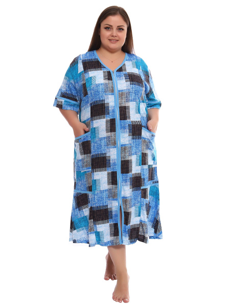 Халат Женский Форма Плюс Домашний синий, белый Кулирная гладь, размер ...