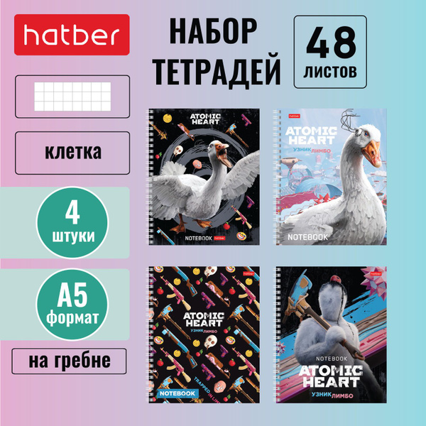 Набор тетрадей Hatber 48 листов, формата А5, в клетку, на гребне, 65 г/кв. м, 4 штуки/4 дизайна ...