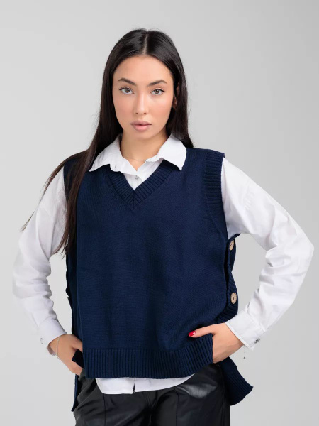 Жилет Женский Sali Moda синий Акрил, размер 42, 44 Декоративные пуговицы оверсайз Без застежки ...