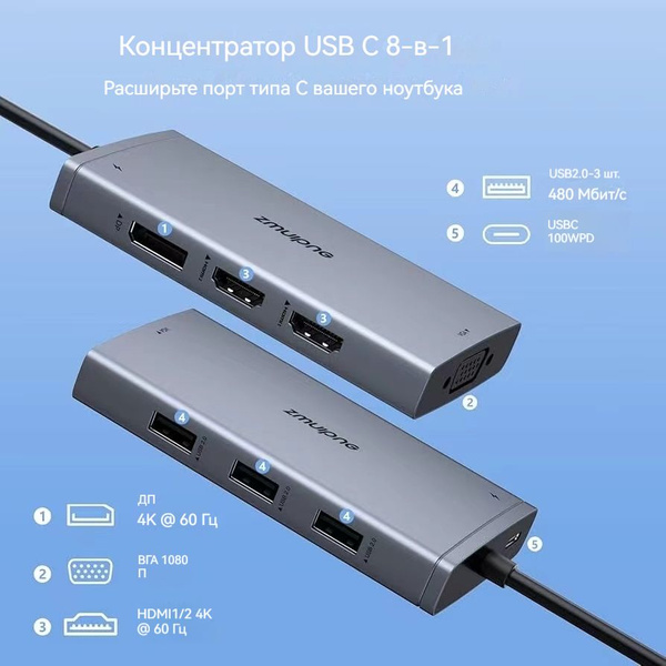 Характеристики USB разветвитель 8 в 1 USB HUB Type C док станция Usb 3.0 хаб 3 0 переходник ...