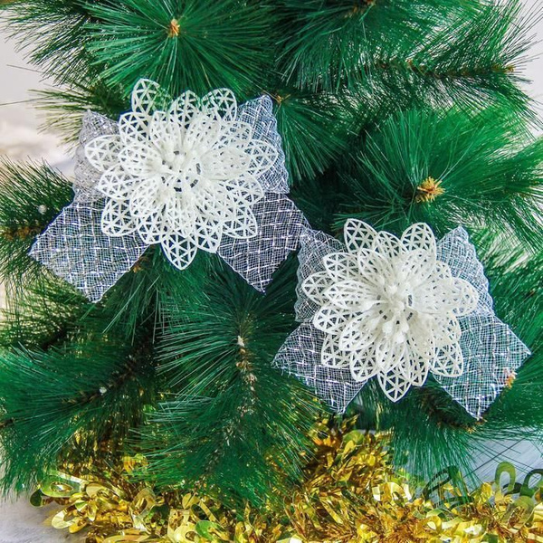 Украшение ёлочное "Бантик с пышным цветком" (набор 2 шт) 11х9 см, белый ...