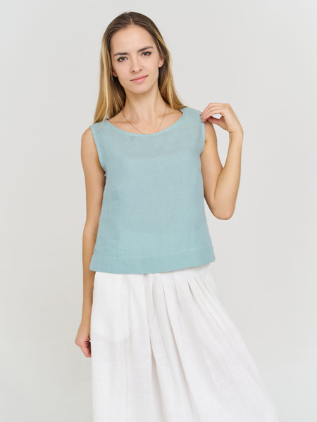 Топ Женский TRANGO аквамариновый, размер 54 Лен Без рукавов Повседневный Россия свободный Без ...