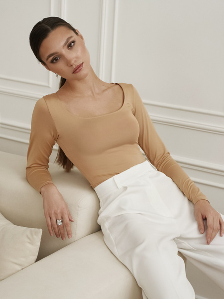 Боди Женский Noare бежевый, телесный Длинный, размер 48 Кнопки Хлопок, Полиэстер Однотонный ...