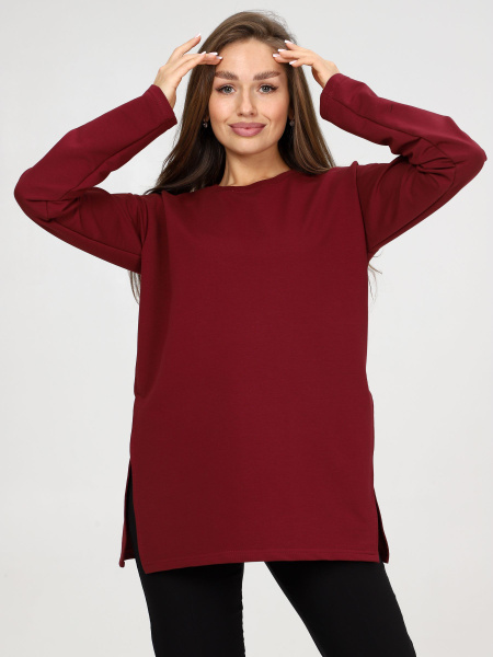 Лонгслив Женский Sevatex бордовый Длинный, размер 56 Футер двухнитка Разрезы оверсайз Однотонный ...