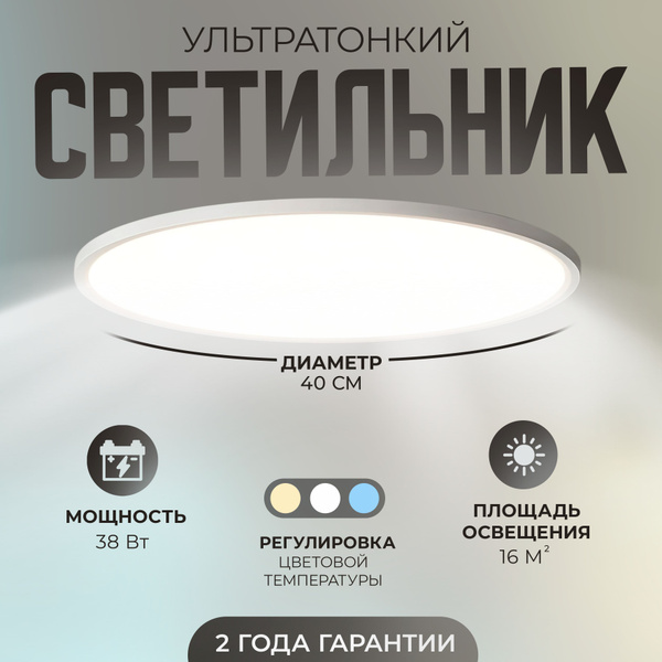 Светильник потолочный светодиодный, ультратонкий, белый 40см, 38Вт ...