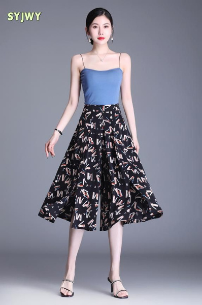 Юбка-шорты Женский SYJWY черно-коричневый Полиэстер, размер 52 Без застежки Разноцветный Лето ...