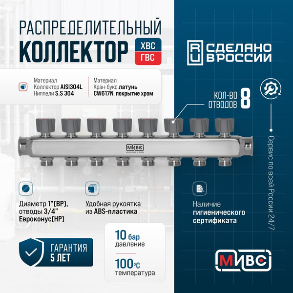 Коллектор распределительный на 8 выходов из нержавеющей стали с кран ...