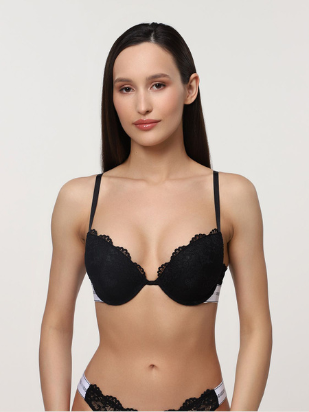 Бюстгальтер Женский GUESS пуш-ап, размер 80B черный Полиамид, Эластан Повседневный Китай Логотип ...