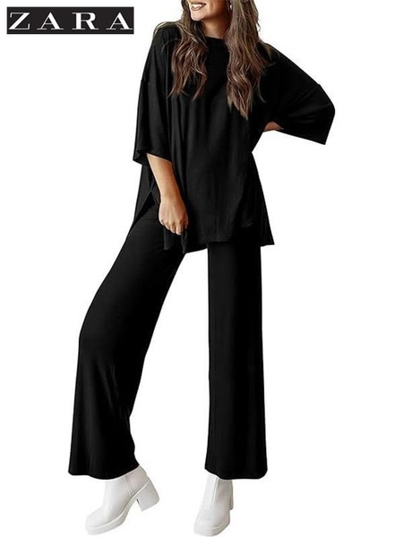 Комплект одежды Женский Zara Повседневный брючный, двойка черный, размер 48 Политекс Однотонный ...