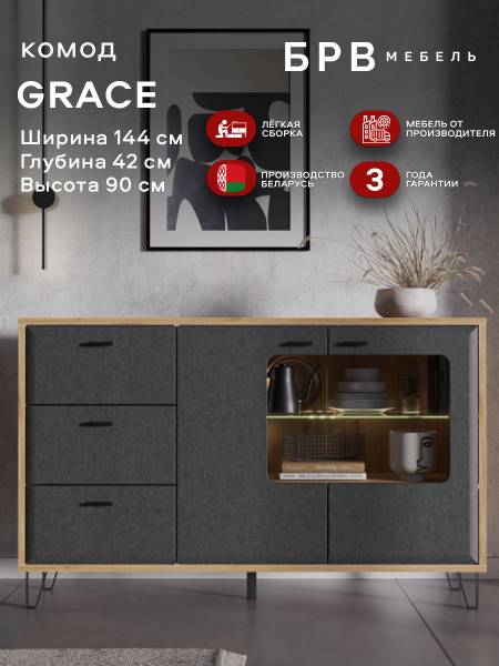 Комод БРВ МЕБЕЛЬ Grace KOM2W, 143.8x41.8x89.9 см, 3 ящ. купить c доставкой на OZON по низкой ...