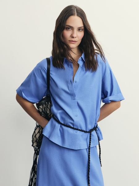 Блузка Женский Zarina голубой Вискоза, Лен Короткий Однотонный, размер 52 оверсайз Пуговицы ...