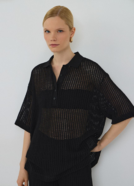 Поло Женский O'STIN черный Короткий, размер 46 Трикотаж Однотонный свободный Повседневный Китай ...