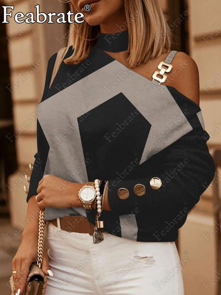 Блузка Женский Feabrate черный, серый Полиэстер, Спандекс Длинный Другое, размер 46, 48 ...