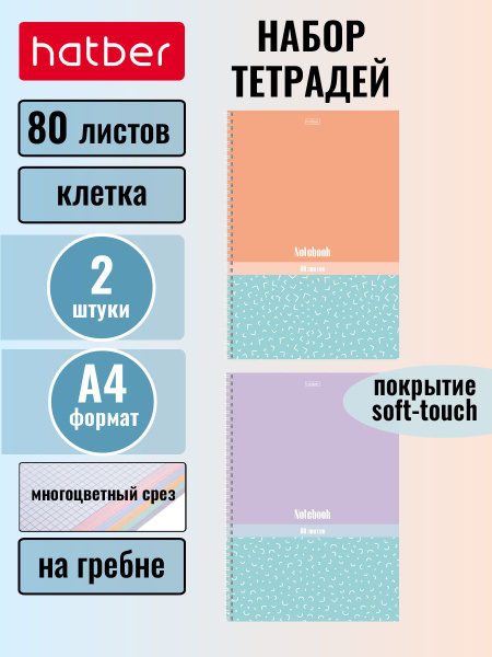 Набор тетрадей Hatber 2 штуки/2 дизайна 80 листов, формата А4, многоцветный срез ламинация Soft ...