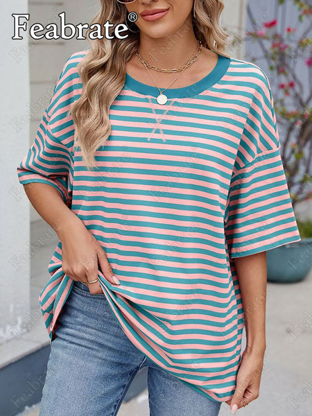 Футболка Женский Feabrate светло-розовый Короткий, размер 58 Вискоза, Полиэстер Полоска оверсайз ...