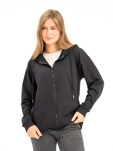 Толстовка Женский Instreet Капюшон, Карманы черный Молния Футер двухнитка, размер 44 оверсайз ...